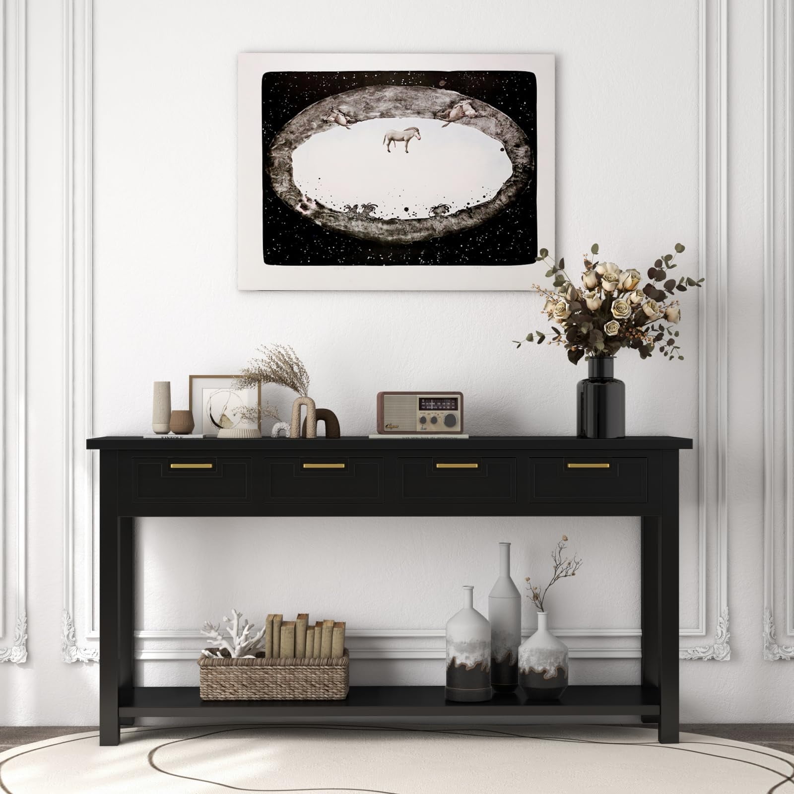 Kinsuite Black Entryway Table with 4 Drawers - Modern Console Table ...