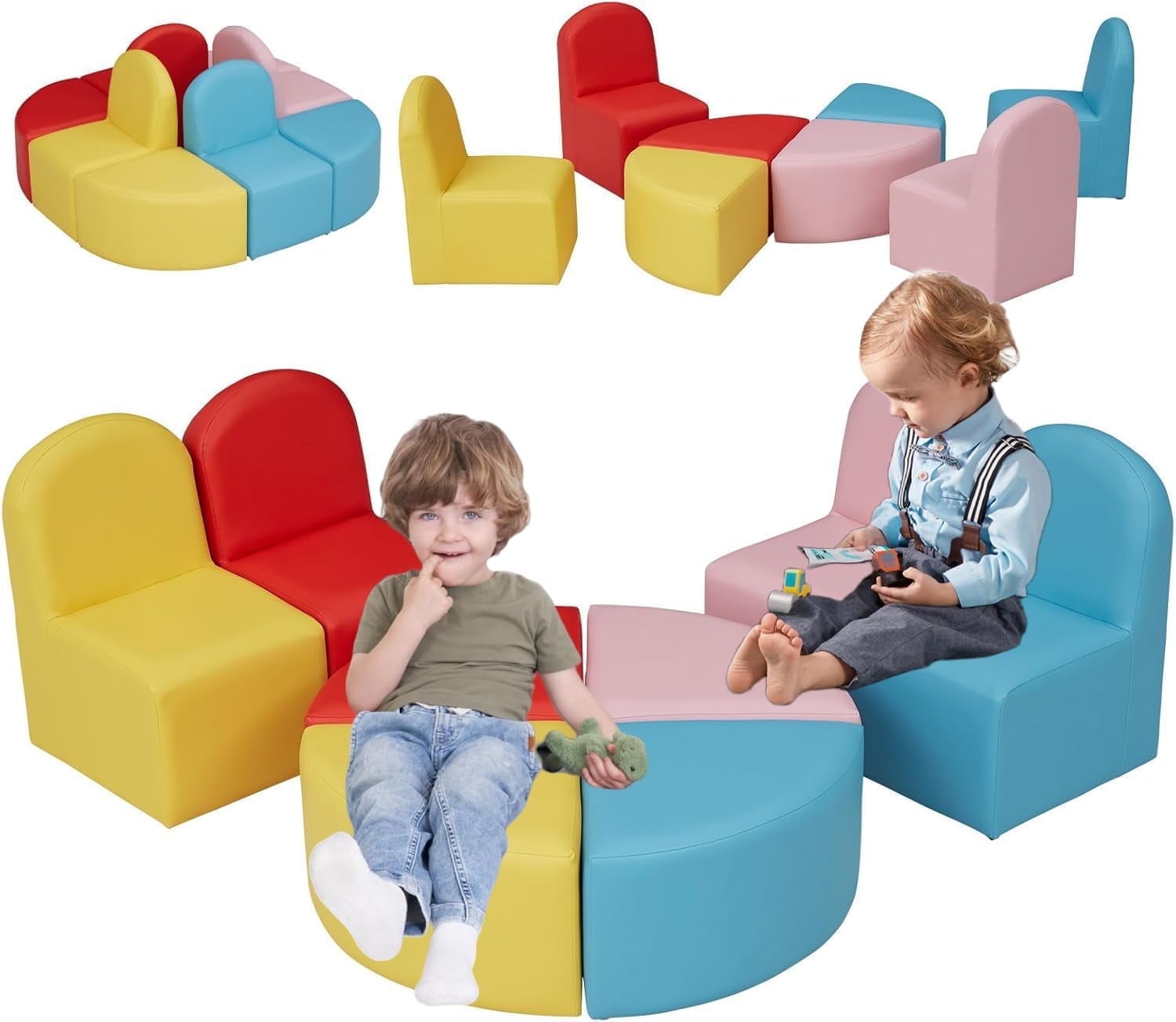 Kinsuite Kids Sofa Seating Set Convert to Table and 4 Chairs Colorful Stools for Toddlers Soft ...