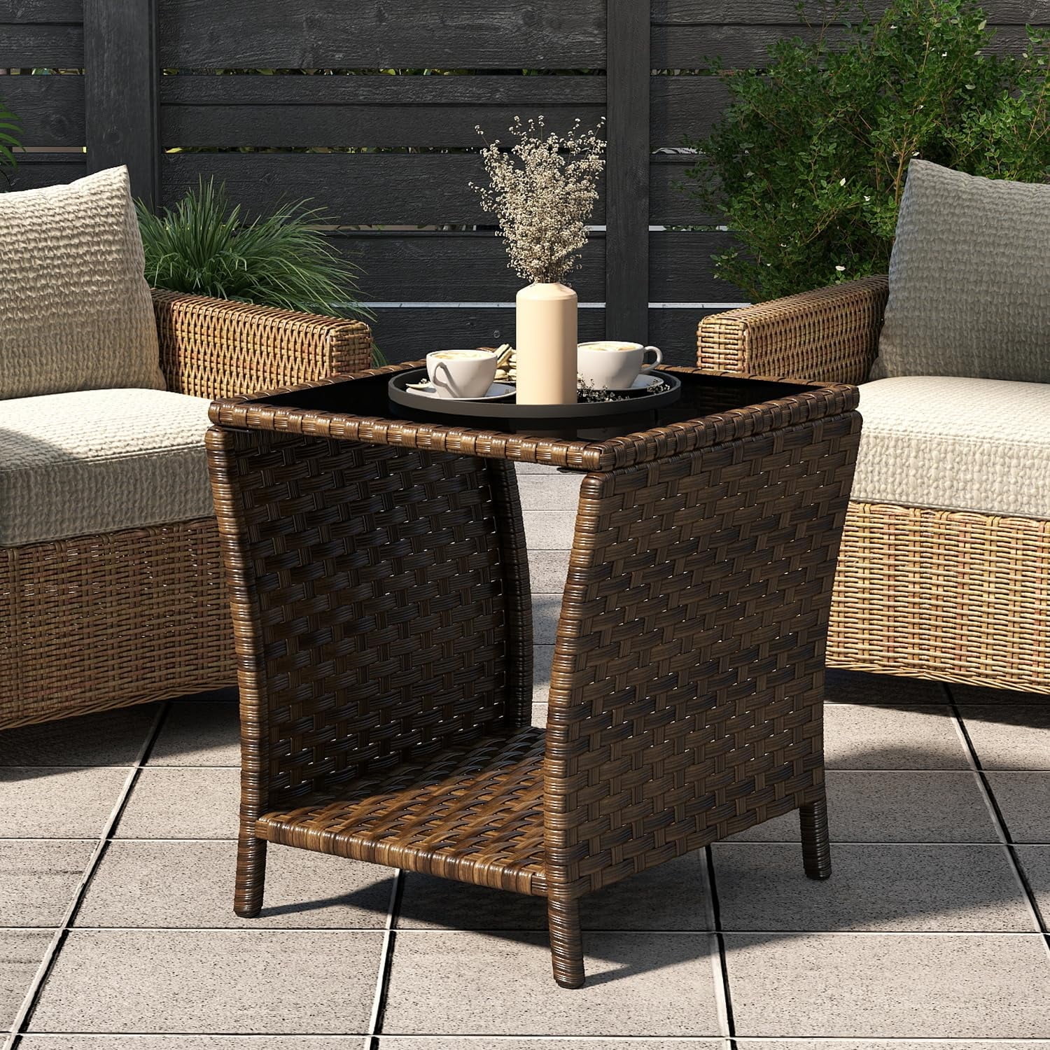 Kinsuite PE Rattan Patio Side Table - Outdoor Wicker End Table with Black Glass Top, Rattan ...