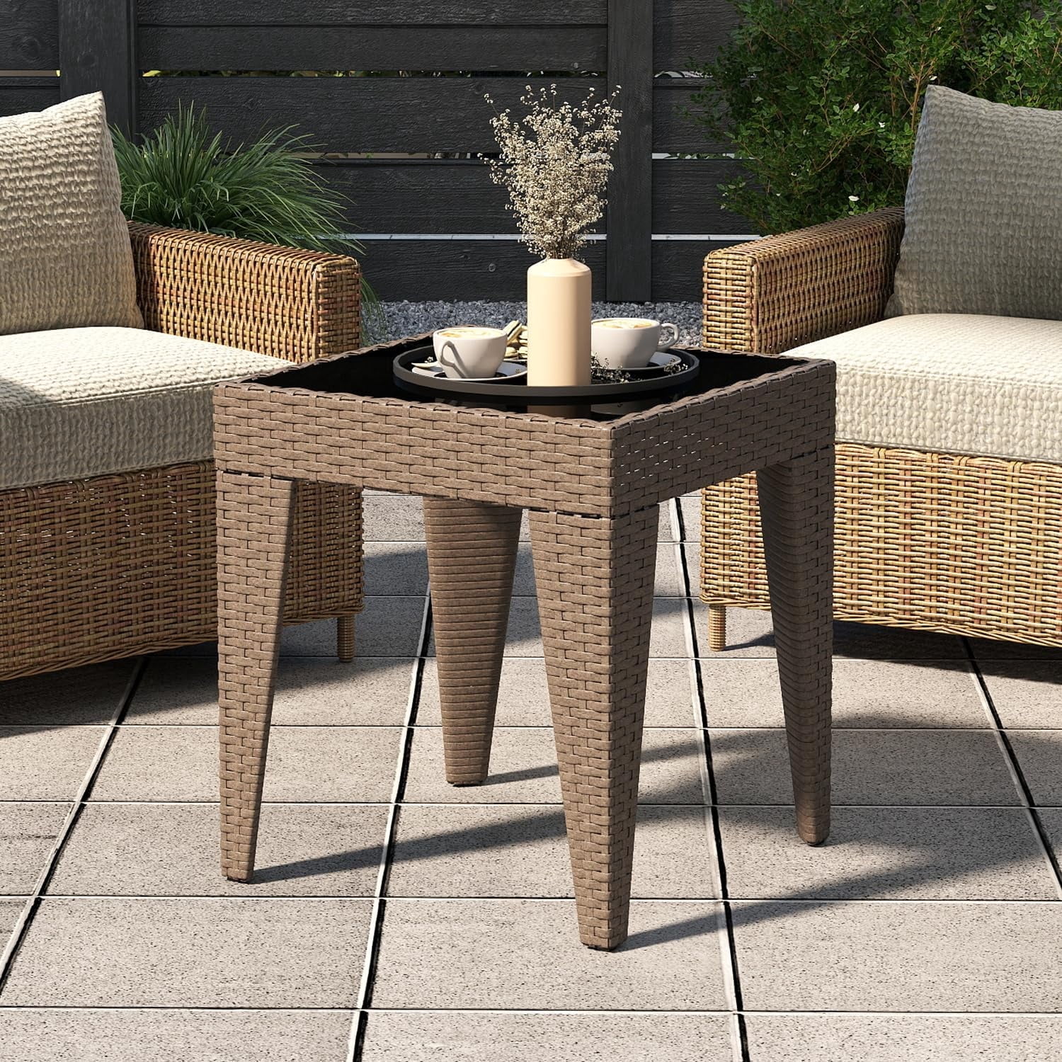 Kinsuite PE Rattan Patio Side Table - Outdoor Wicker End Table with ...