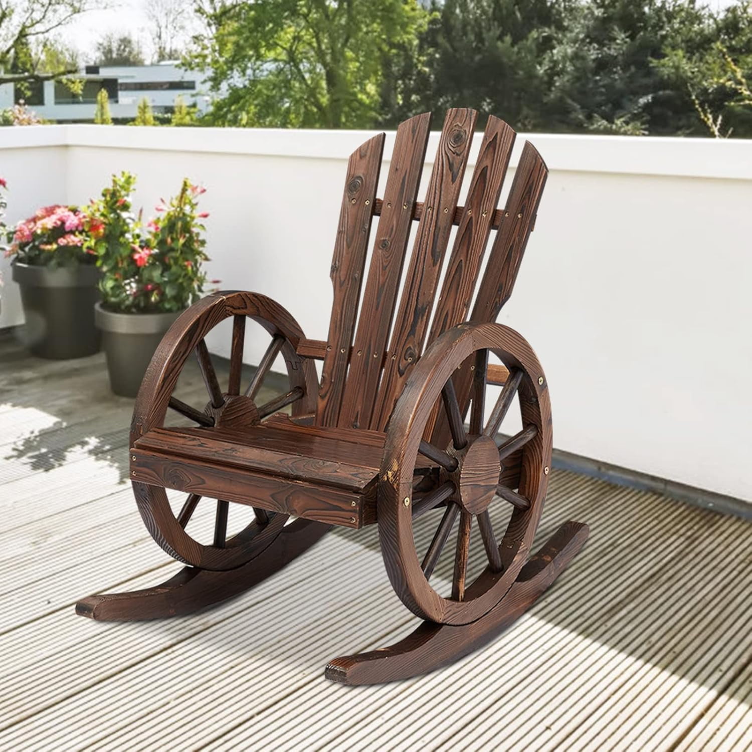 Kinsuite Wagon Wheel Rocking Chair Outdoor Patio Rustic Fir Wood ...