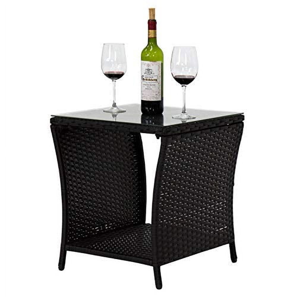 Kintness Black Outdoor Square Wicker Rattan Side Tea Table w/Glass Top ...
