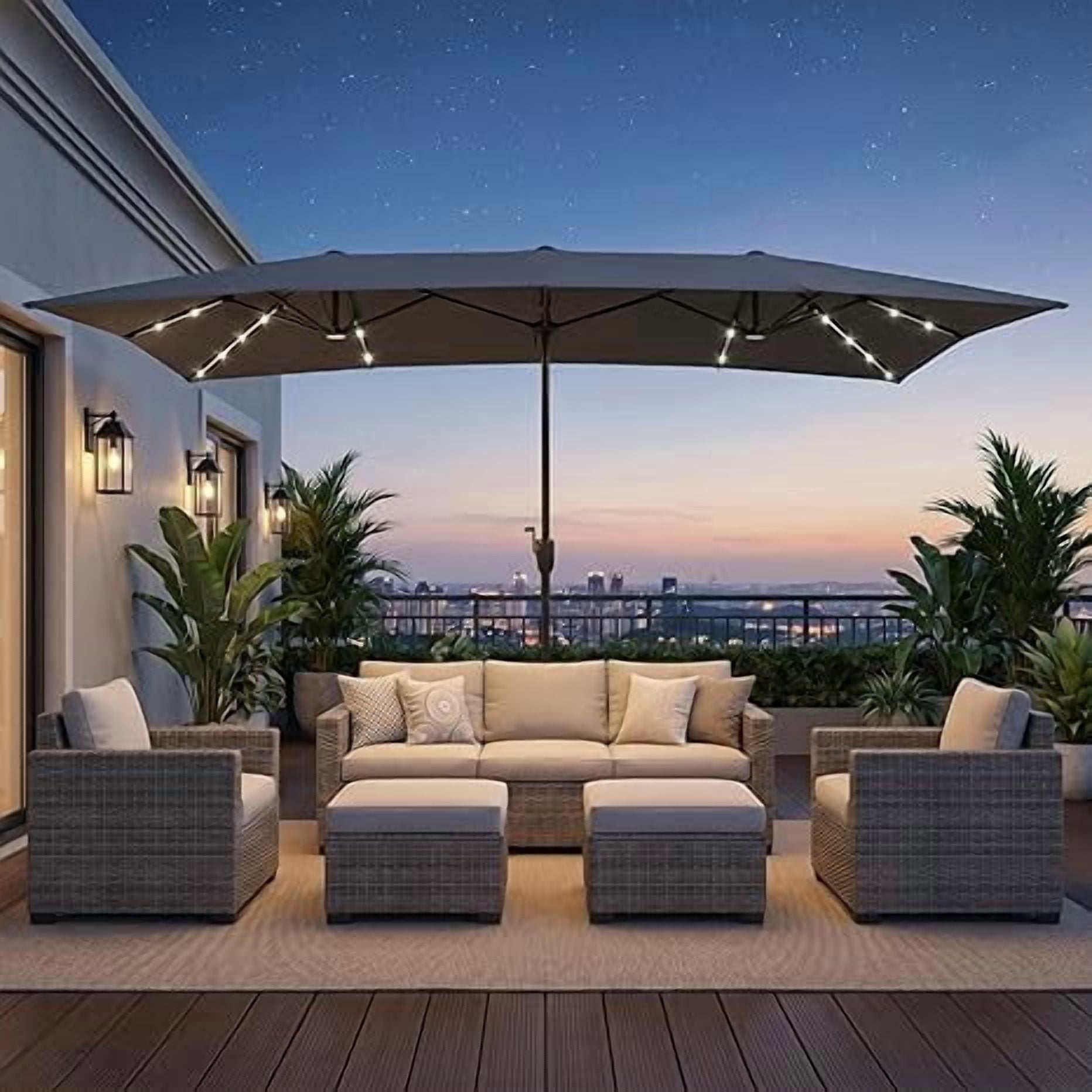 15×15ft Large Rectangular Outdoor Patio Umbrella with 36 Solar-Powered ...