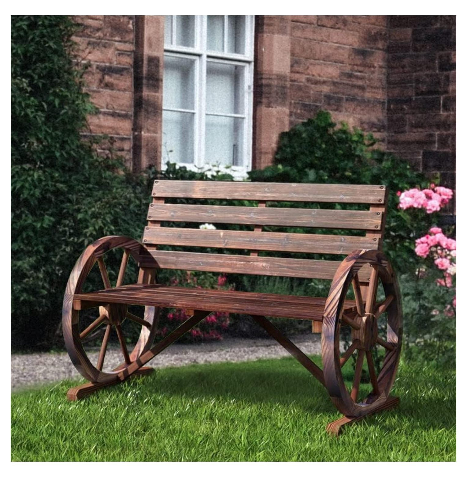 KioJJp Outdoor Bench Wooden Patio Porch Bench Wagon Wheel Design Rustic ...