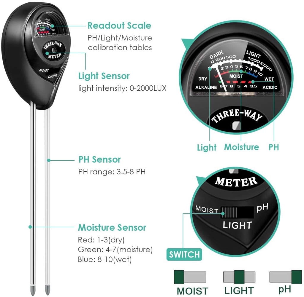Kiplyki 3 in1 SoilTester Water PH Moisture Light Test Meter Kit For ...