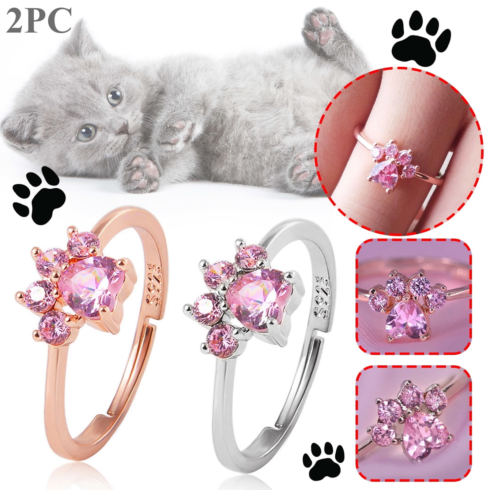 Kiplyki Adjustable Cat Paw Design Ring With Cubic-Zirconia For Cat And ...