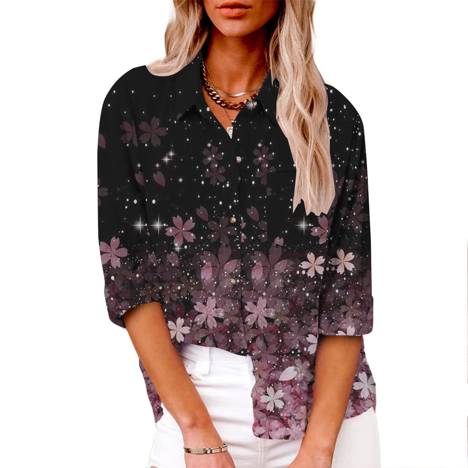 Kiplyki Clearance Womens Printing Button Shirts V Neck Loose Blouse ...