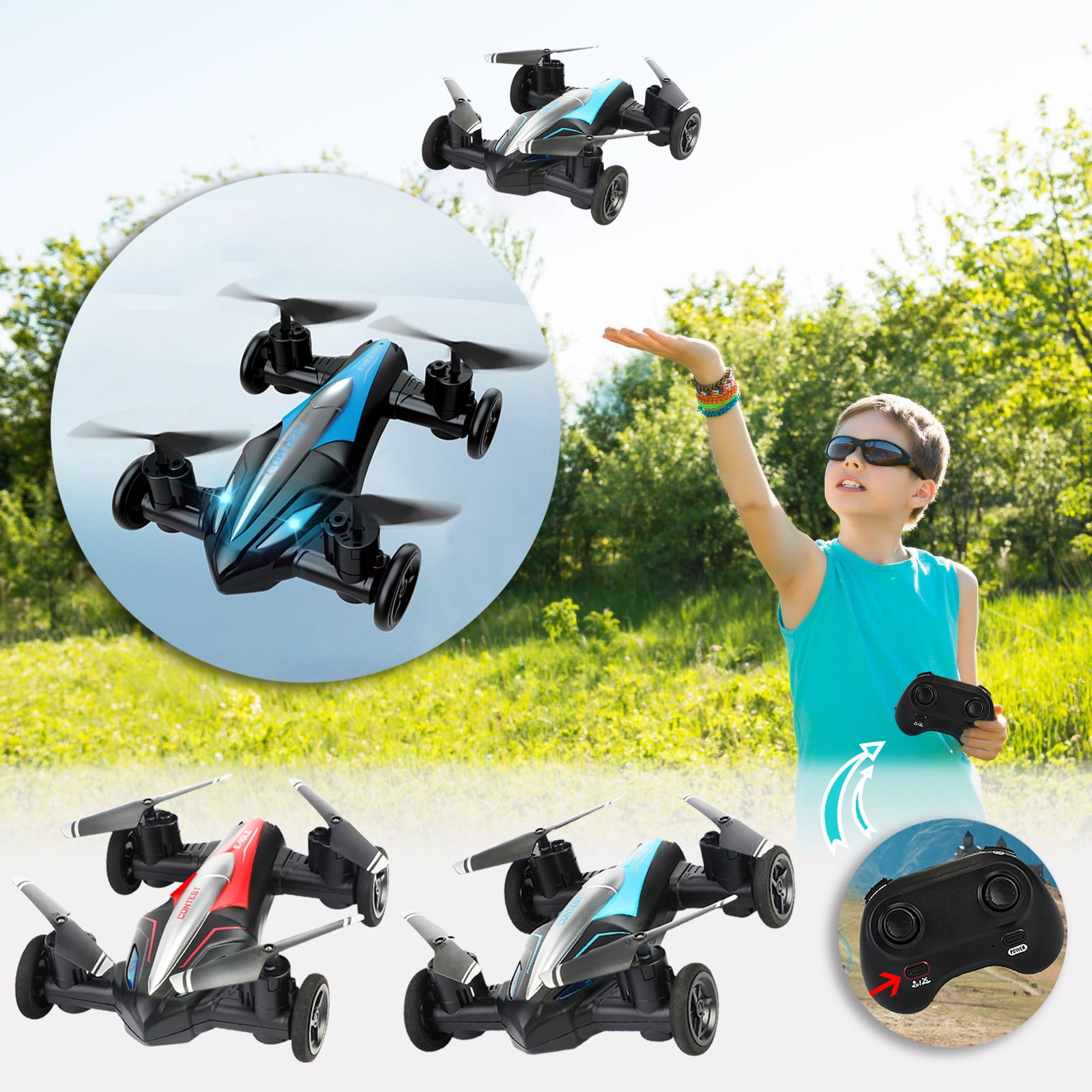Kiplyki Remote Control Drone Toy Stunt Land-air Dual-purpose Quadcopter ...