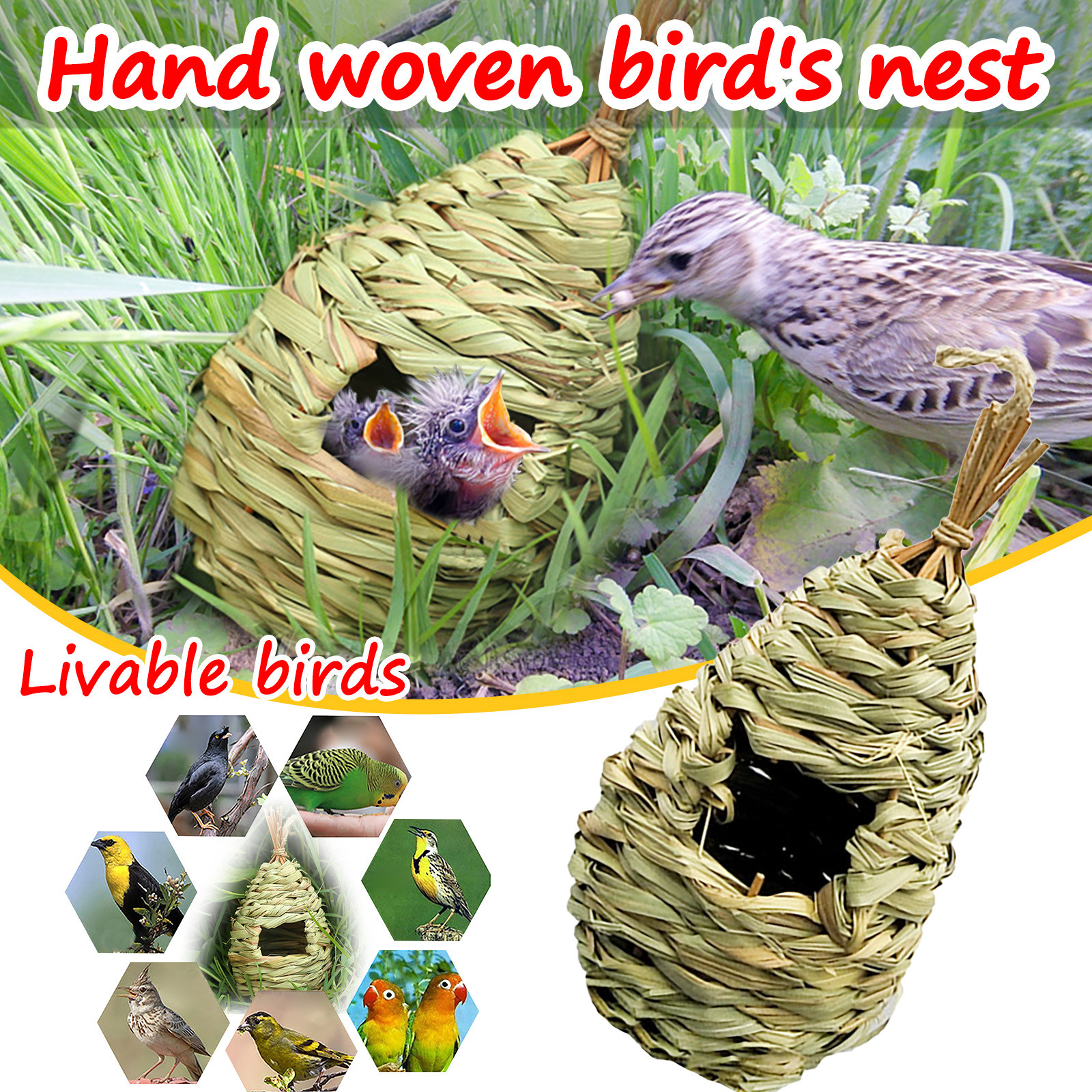 Kiplyki Handmade Bird House Bird Garden Decoration Straw Bird Cage ...
