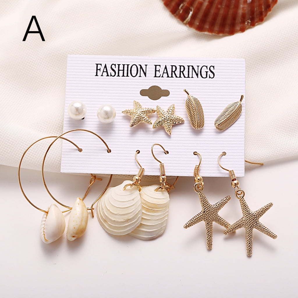 Kiplyki Vintage Elegant Metal Earrings Seashells Star Conch Set Ladies ...