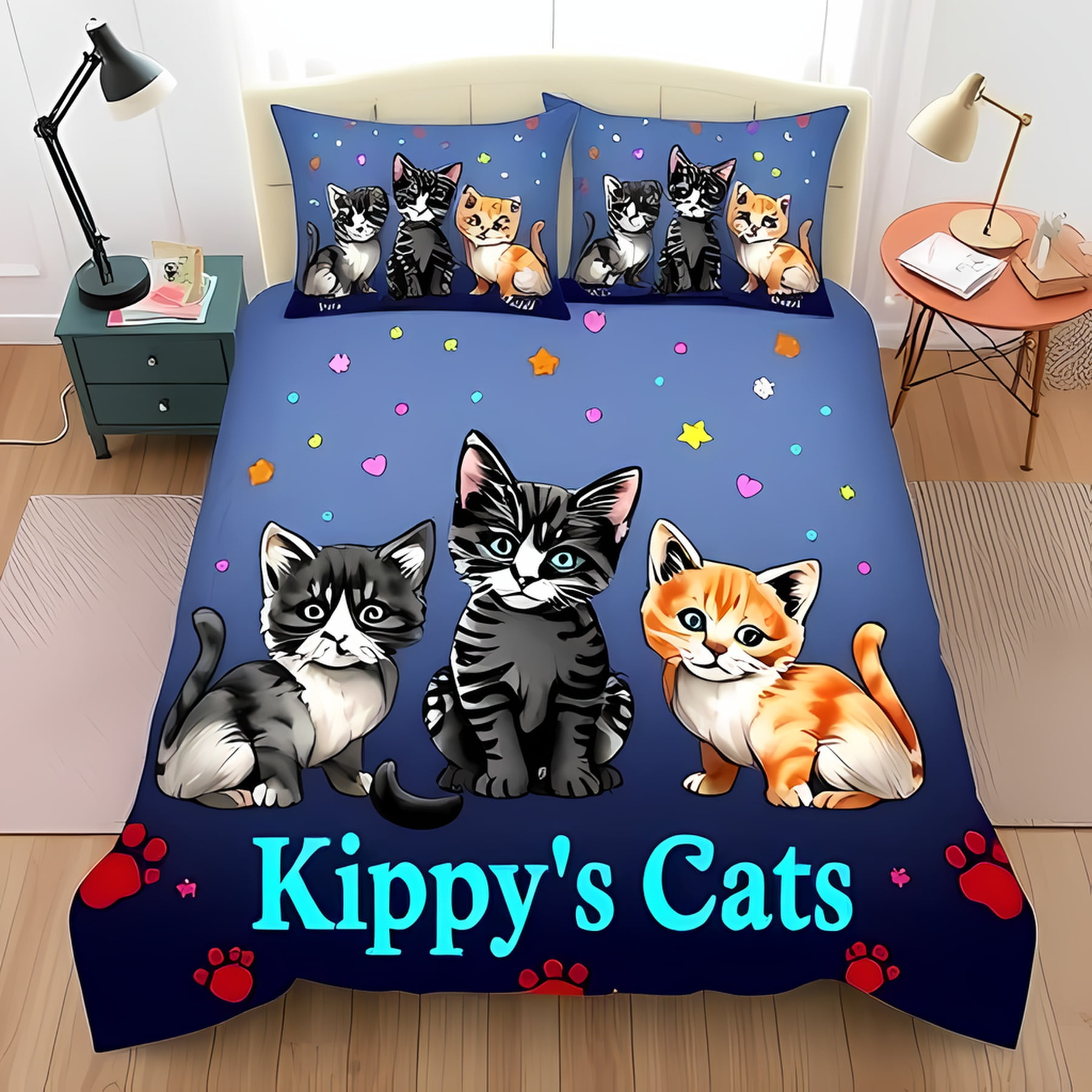 Kippy's Cats 3-Piece Duvet Cover and Pillowcase Set - Whimsical Cartoon ...