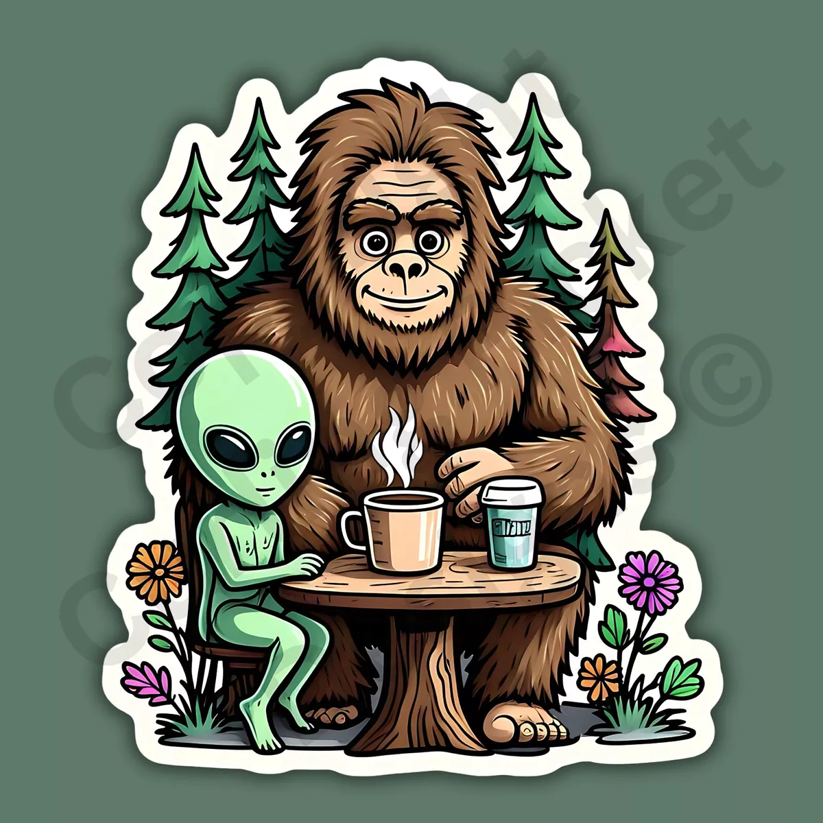 Kira Bigfoot and an Alien Having Coffee Together Sasquatch Funny Vinyl ...