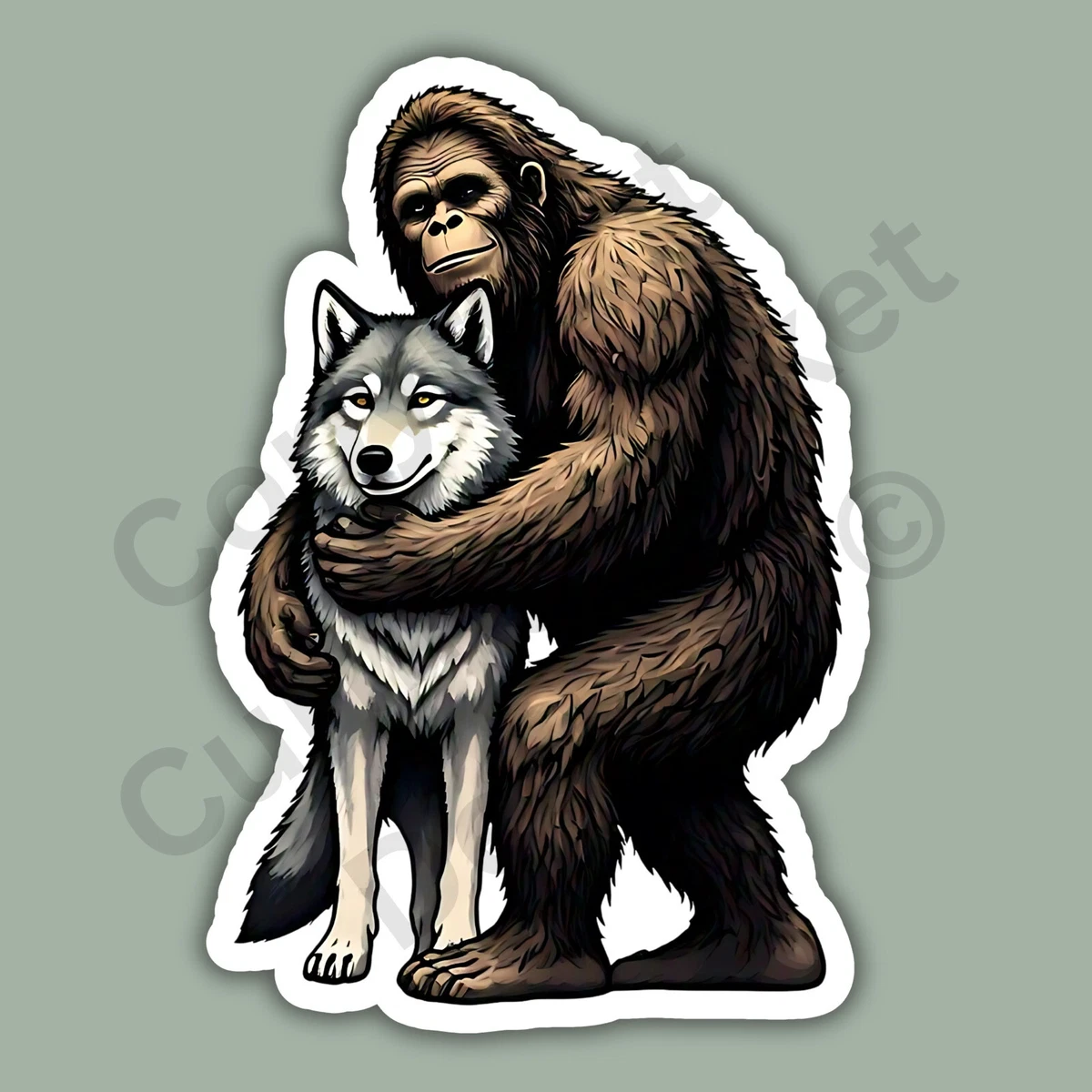 Kira Bigfoot Hugging A Gray Wolf Sasquatch Cryptid Cute Vinyl Sticker ...