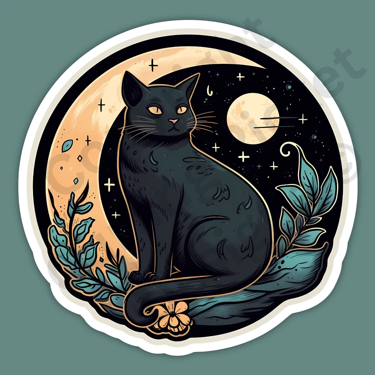 Kira Celestial Moon with Black Cat Cute Vinyl Sticker Waterproof ...