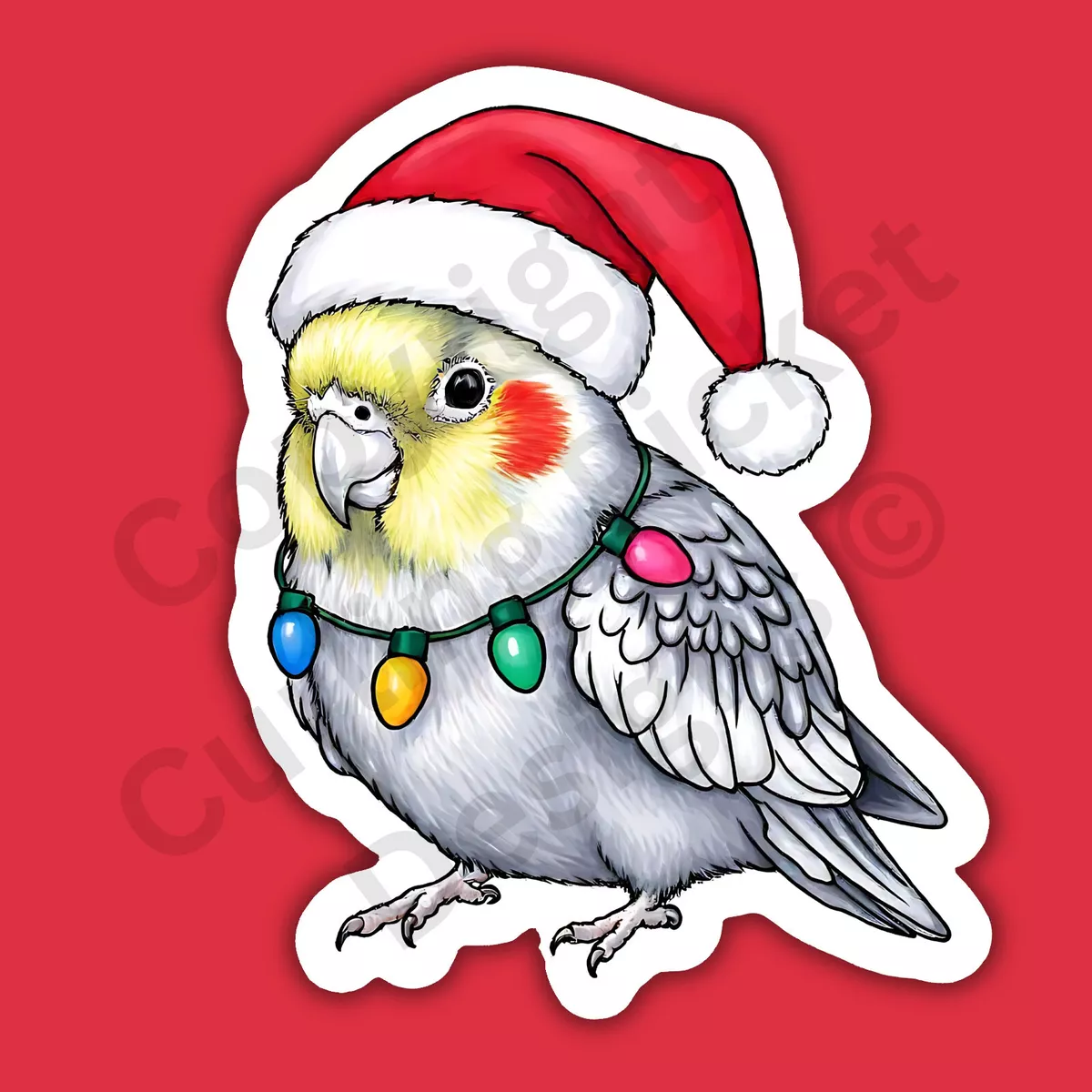 Kira Christmas Cockatiel Bird Santa Hat Lights Cute Fun Vinyl Sticker ...