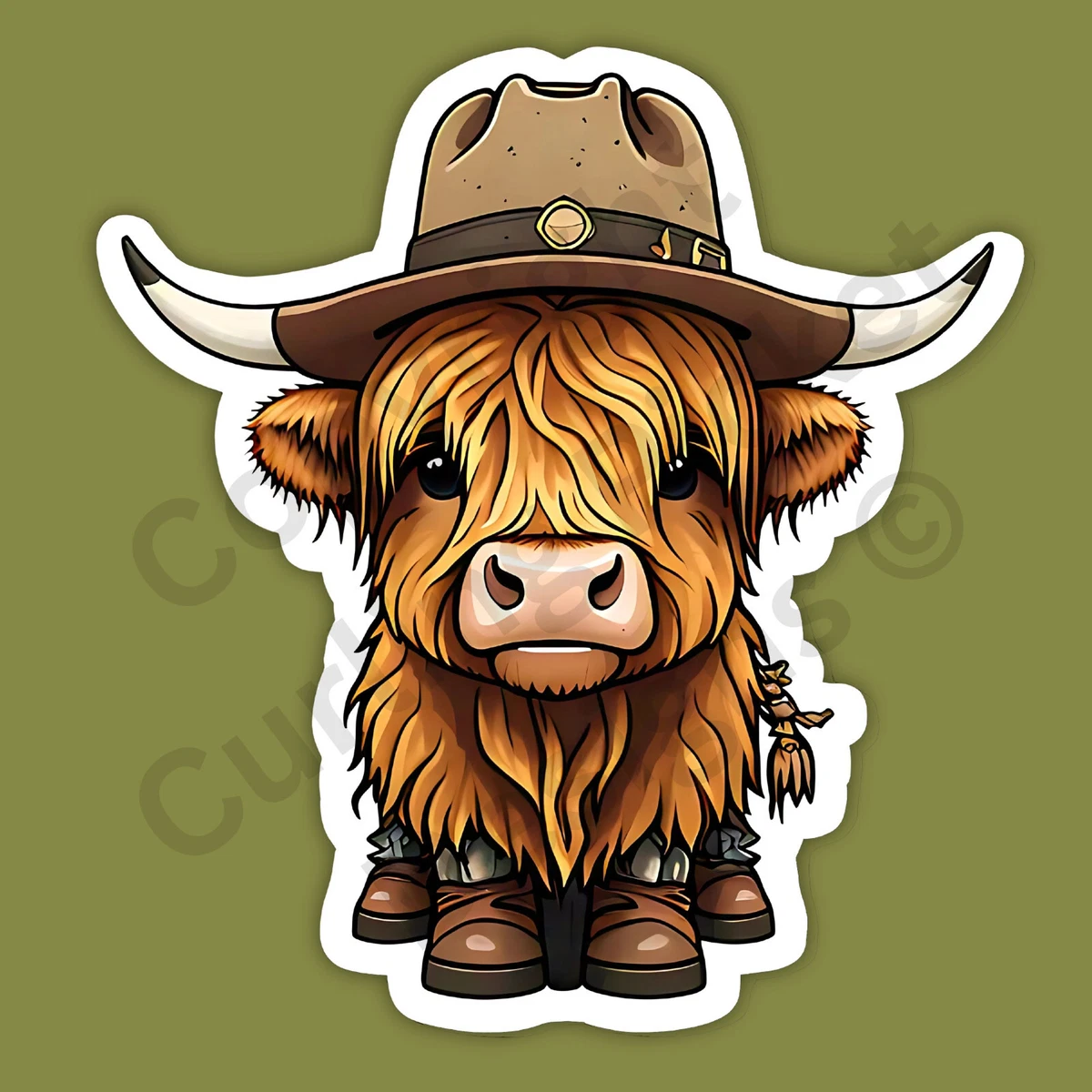 Kira Cowboy Highland Cow Hat Boots Farm Animal Shaggy Vinyl Sticker ...