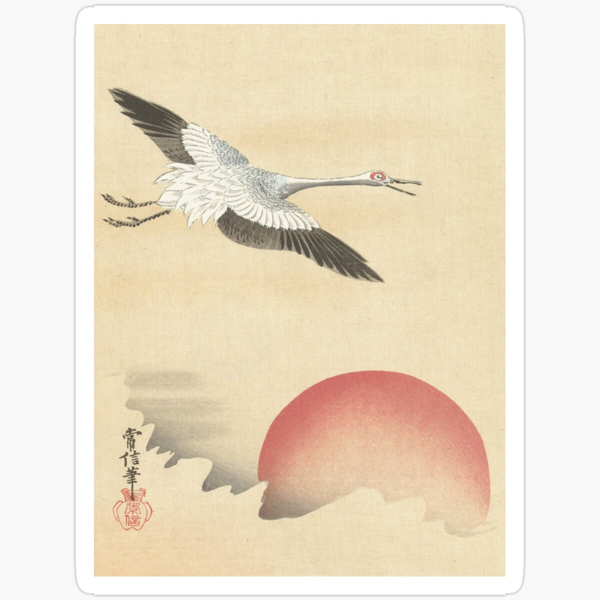 Kira Crane flying near red moon, Kano Tsunenobu, 1893 Sticker ...