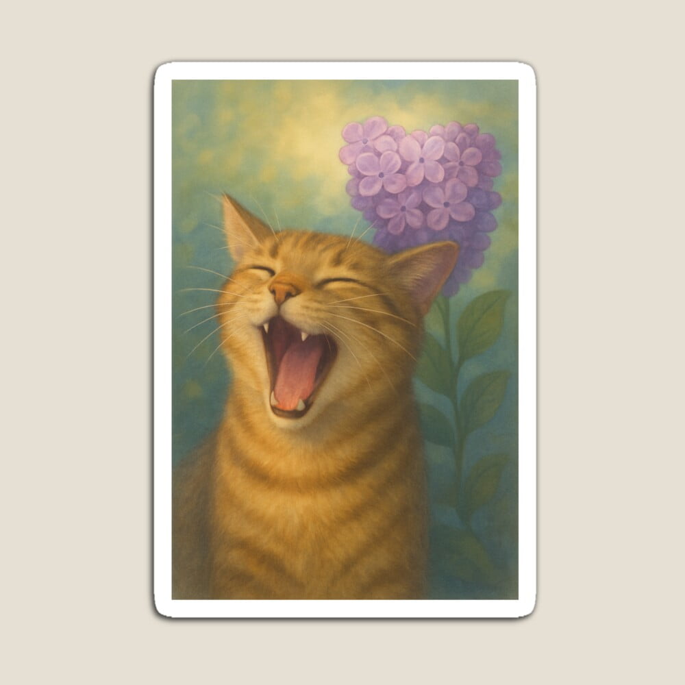 Kira - Dreamy Yawning Cat With Lilacs Soft Glow Illustration Sticker ...