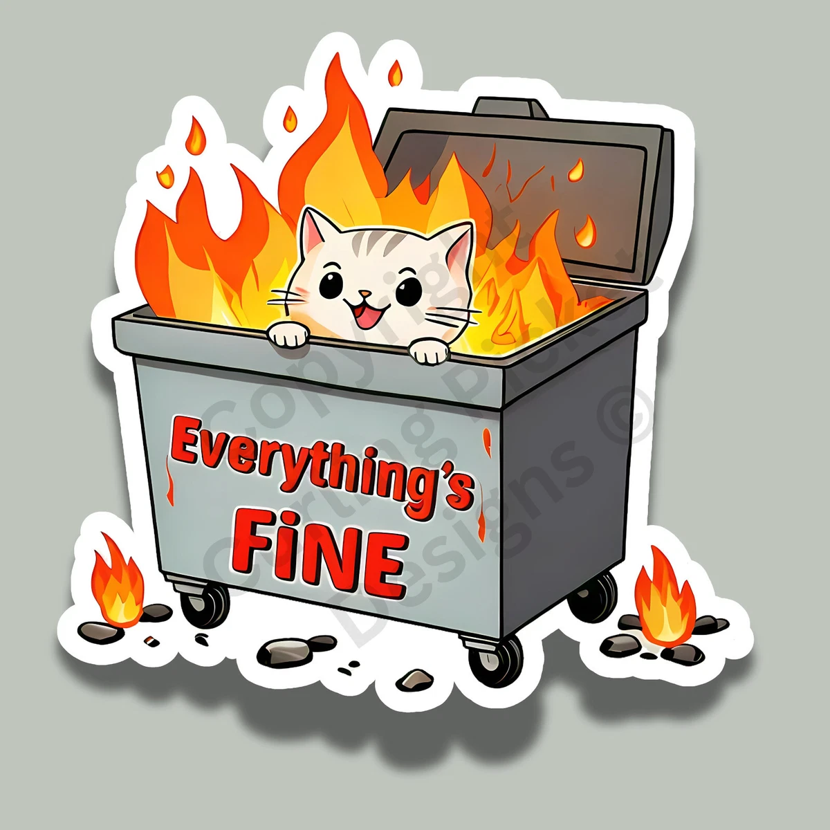 Kira Everything's Fine Dumpster Fire Cat Funny Vinyl Sticker Waterproof ...