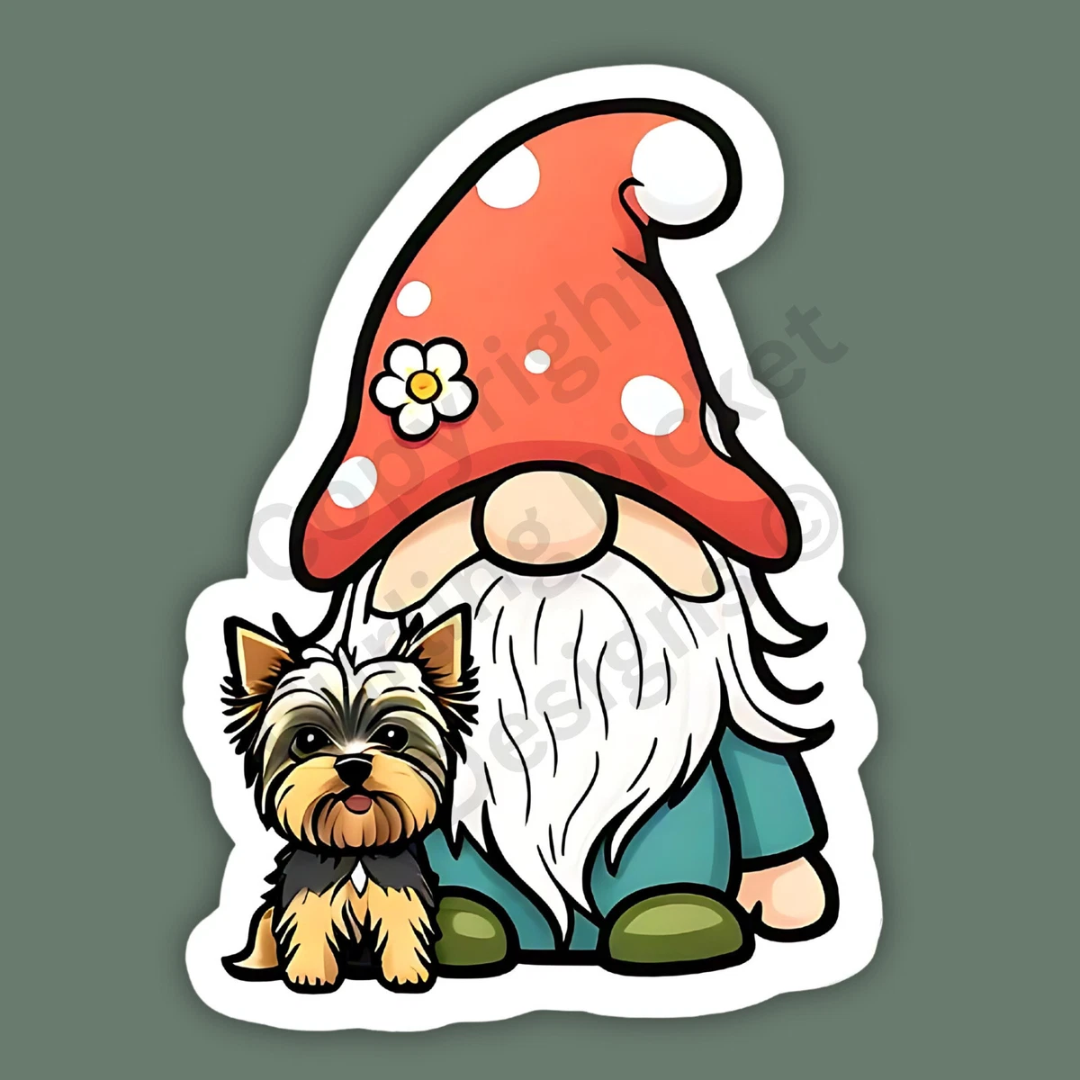 Kira Gnome with a Yorkie Dog Yorkshire Terrier Cute Funny Vinyl Sticker ...