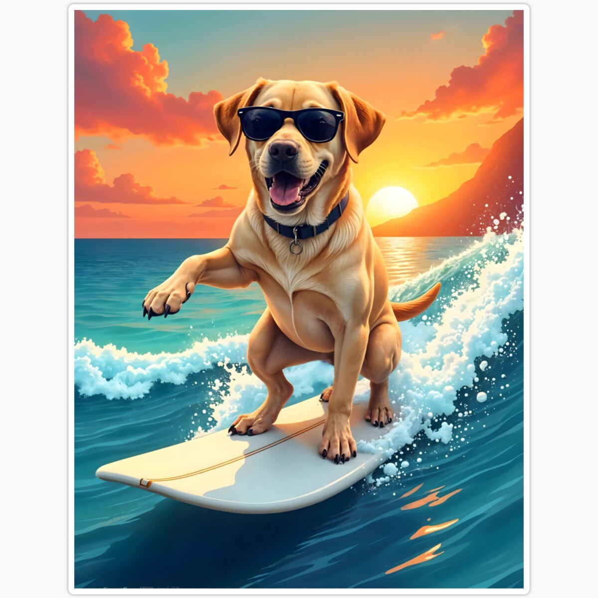 Kira Golden retriever surfing at sunset, balancing on ocean waves ...
