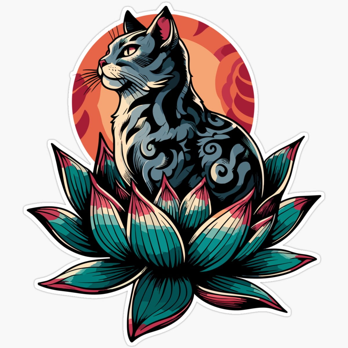 Kira Grey cat with tribal tattoo in lotus Sticker Decorative Laptop, Phone Stickers, Waterproof ...