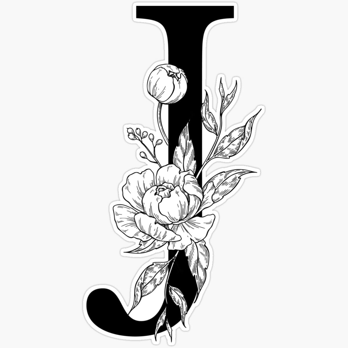 Kira J Botanical Monogram. Detailed Peony Drawing Sticker Decorative ...