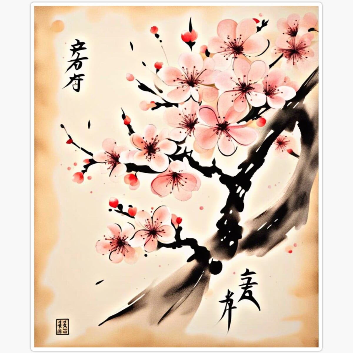 Kira Japanese Cherry Blossoms With Calligraphy Sticker Decorative ...
