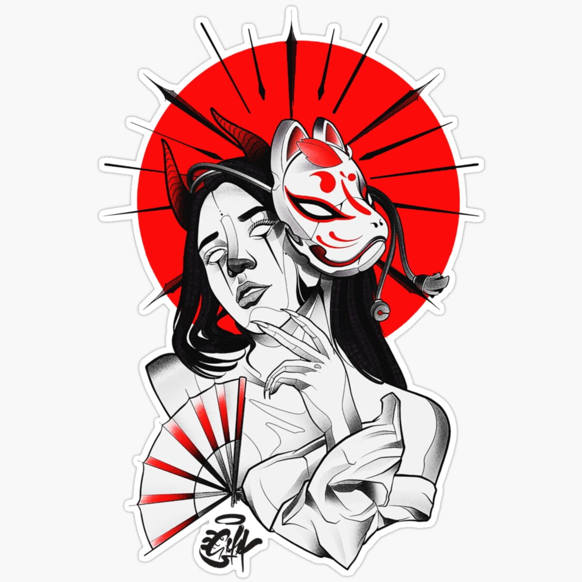 Kira Japanese Geisha Samurai Fox Mask Red Sun - Single, Trio, Or Squad ...
