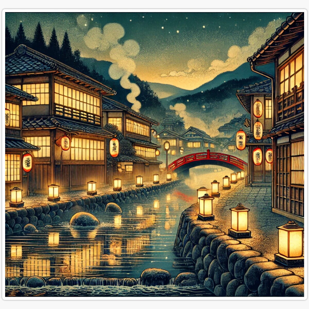 Kira Japanese Onsen Town at Night Sticker Decorative Laptop, Phone ...
