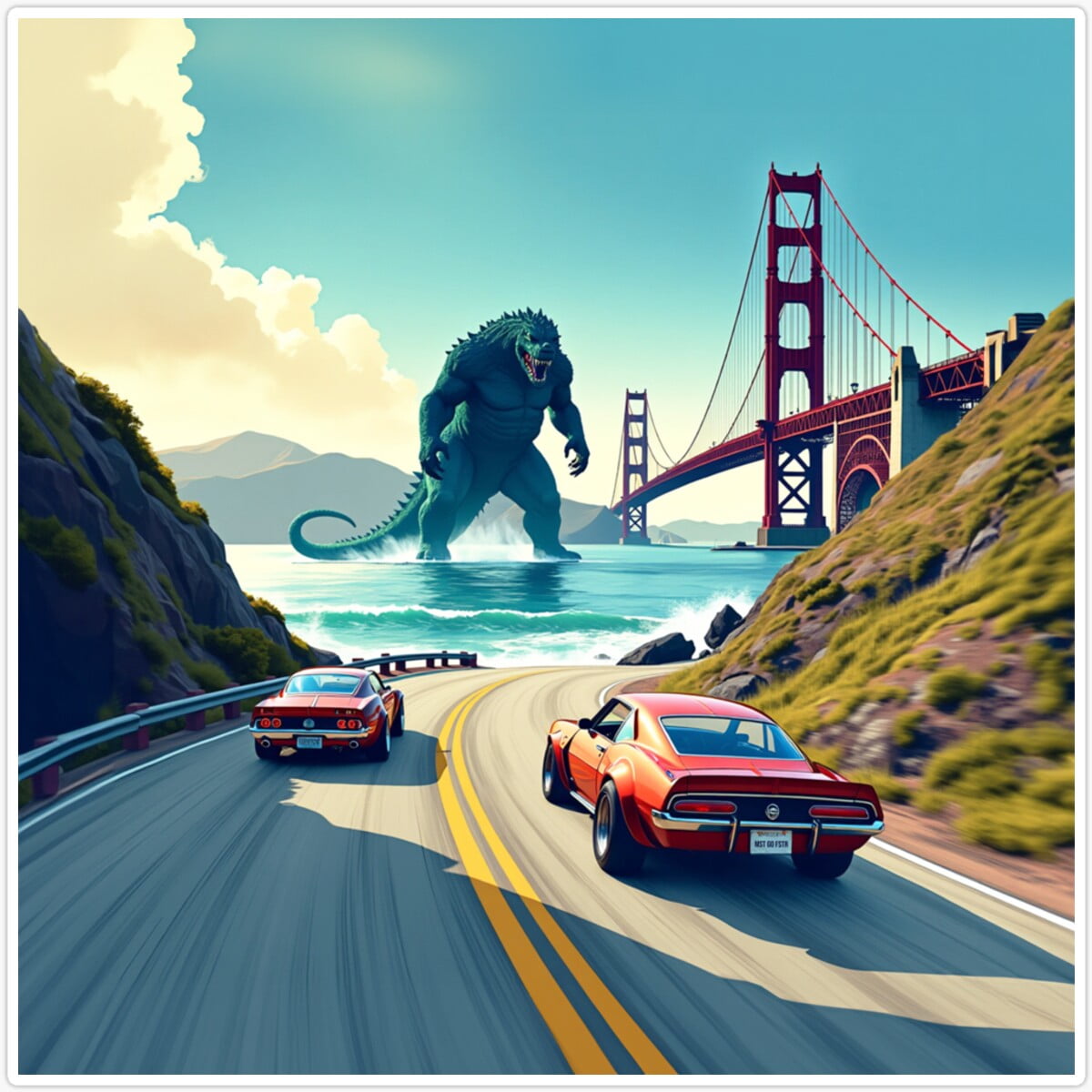 Kira Japanese Race Cars Racing Past Bridge Under Attack from a Kaiju ...