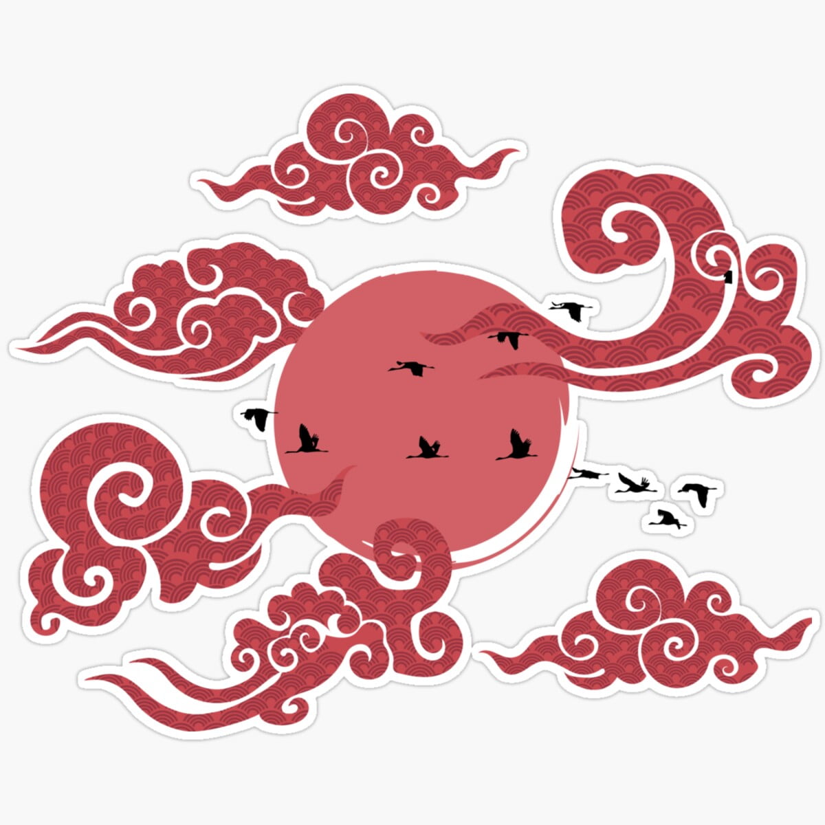 Kira Japanese Red Clouds, Japan, Cranes Japanese Art Sticker Decorative ...