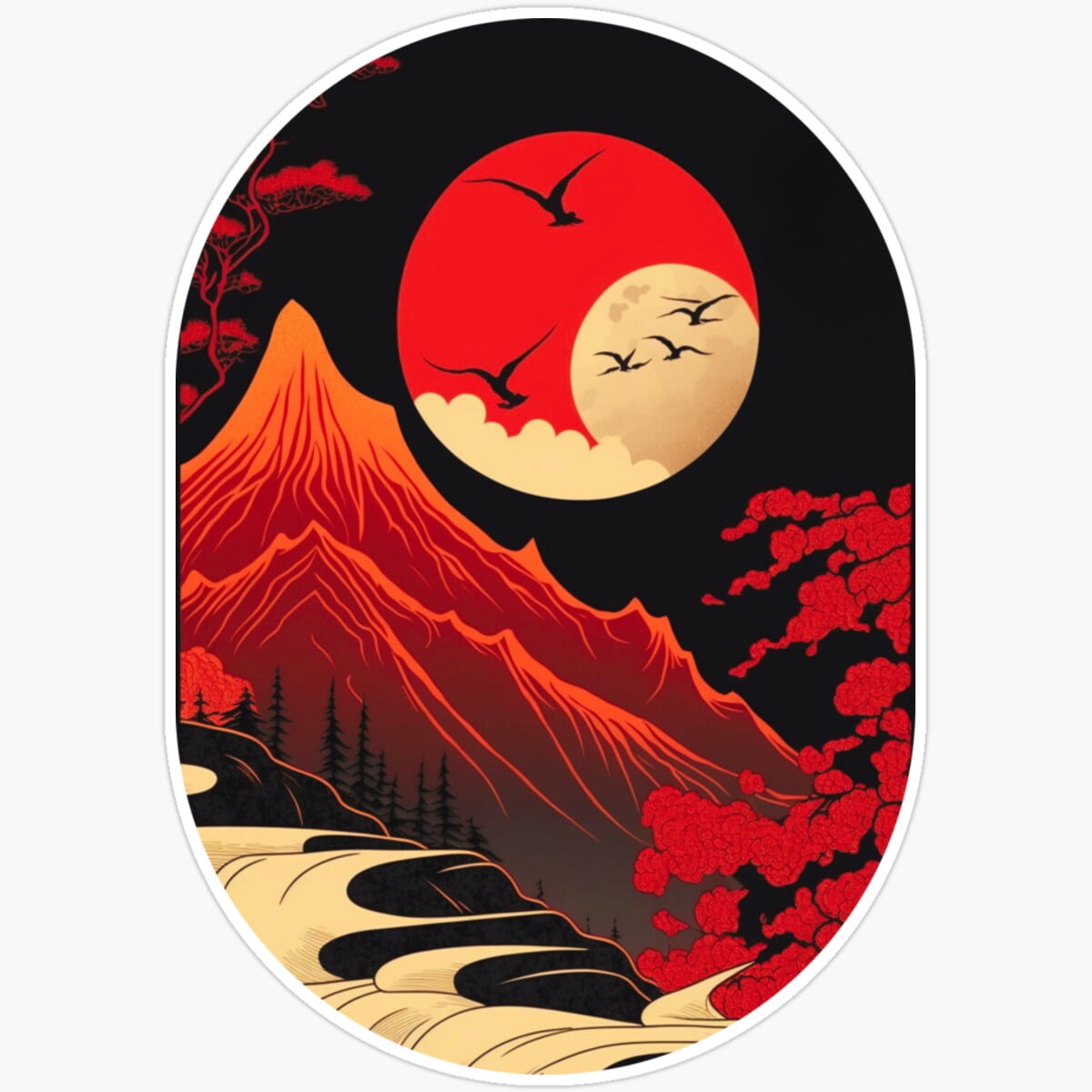 Kira Japanese Red Garden - Japanese Inspired Artwork Sticker Decorative ...