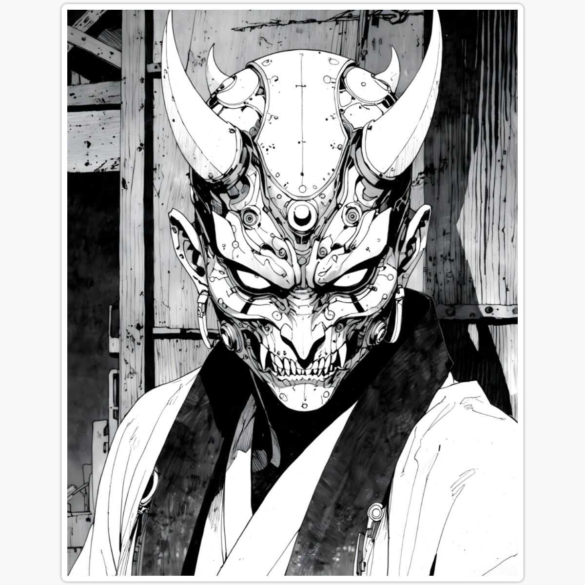Kira Japanese demon mask with horns. Black and white image of a ...