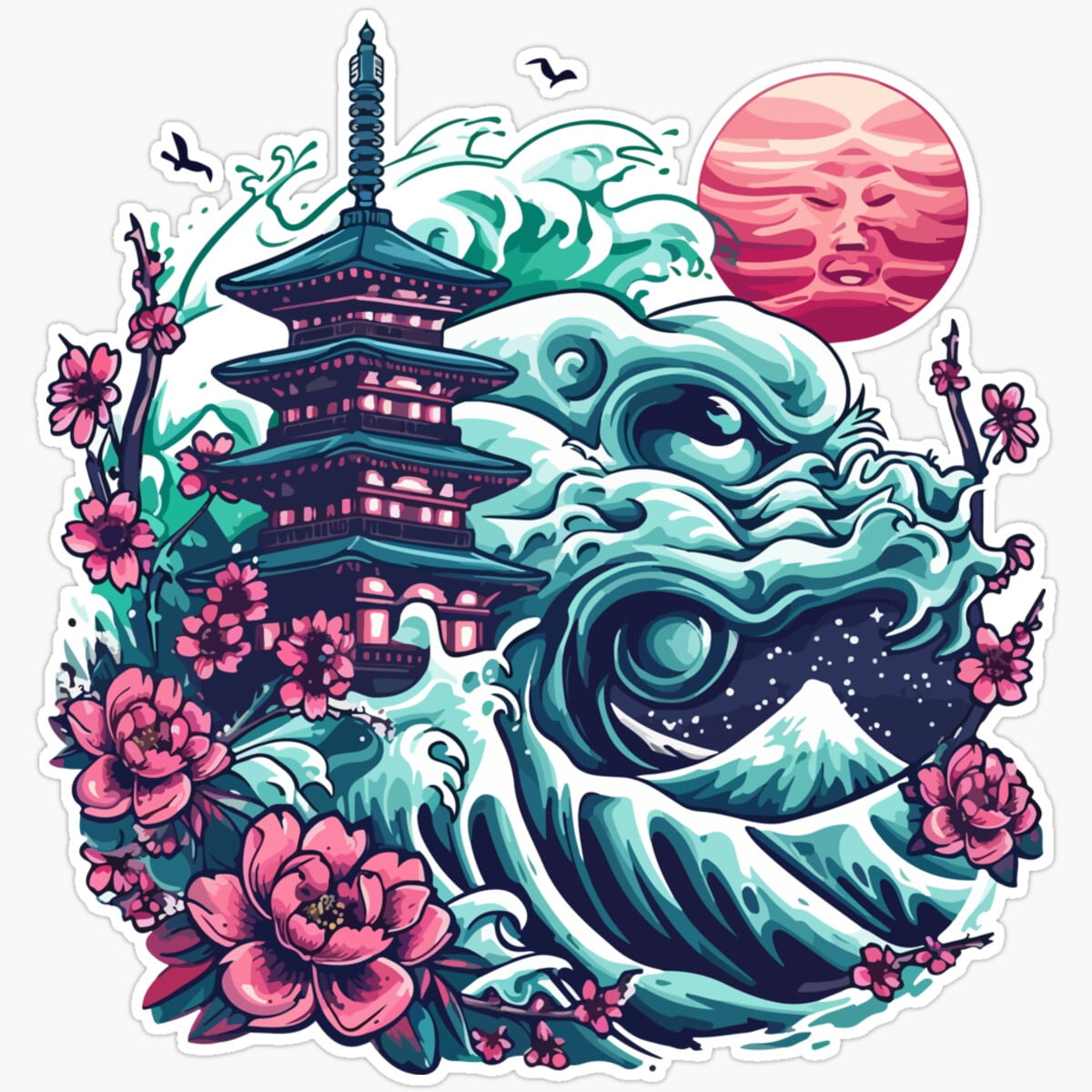 Kira Japanese pagoda with flowers and a wave Sticker Decorative Laptop ...