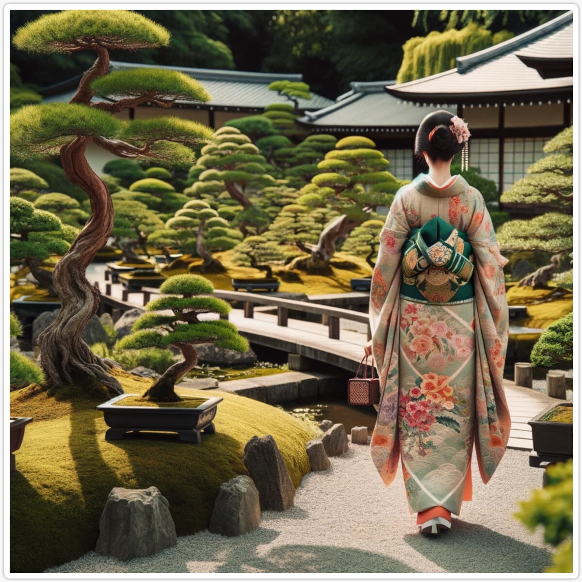 Kira Japanese woman in traditional kimono standing in a Japanese garden ...