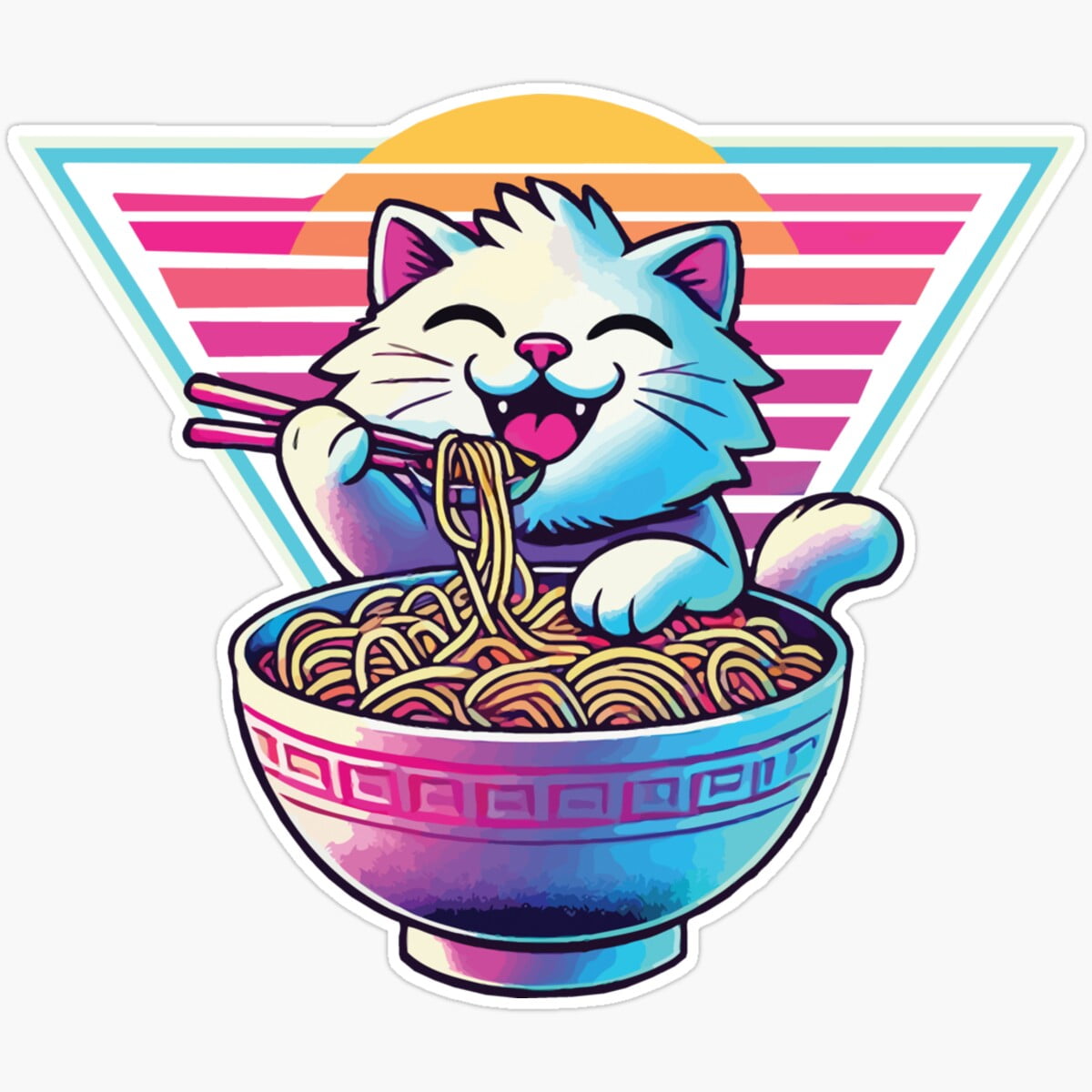 Kira Kawaii Cat With Ramen Noodles In Retro Japanese Sticker Decorative ...