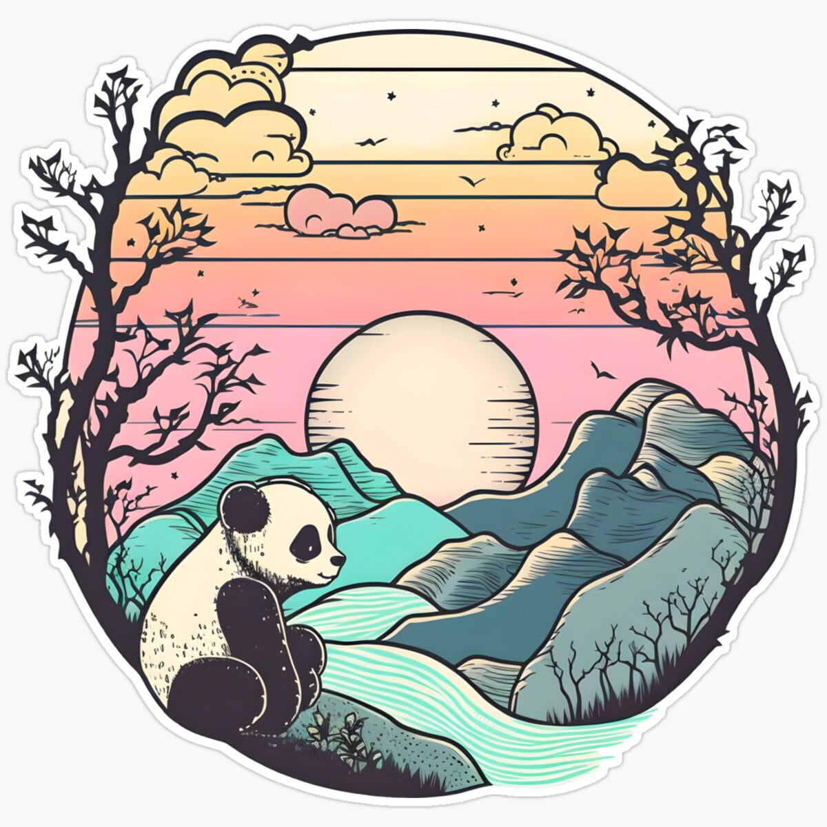 Kira Kawaii Panda Bear Sunset, Vibrant colors, Stylized artwork Sticker ...