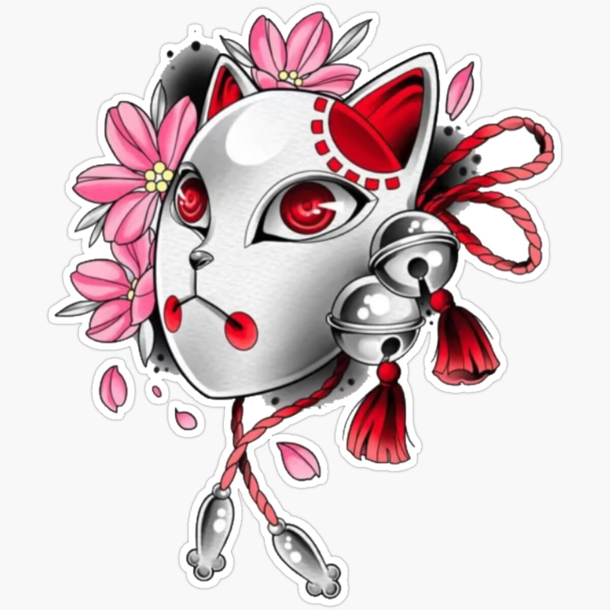 Kira Kitsune Mask With cherry Blossoms and bells Sticker Decorative ...