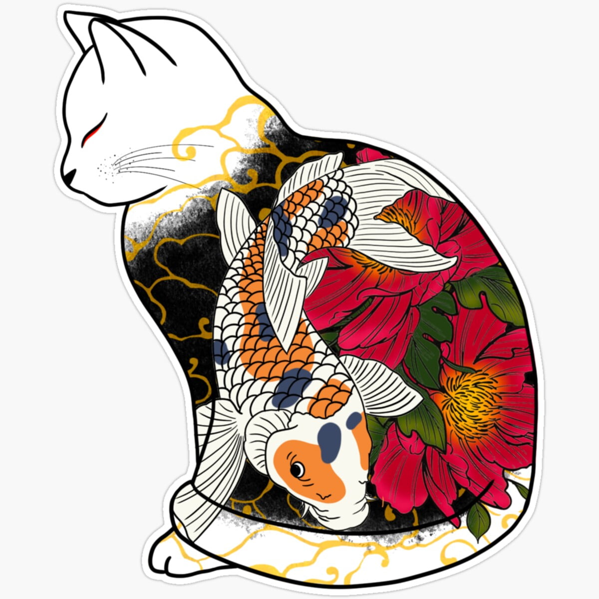 Kira Kitsune cat with colorful koi fish and flowers, zen cat figure ...