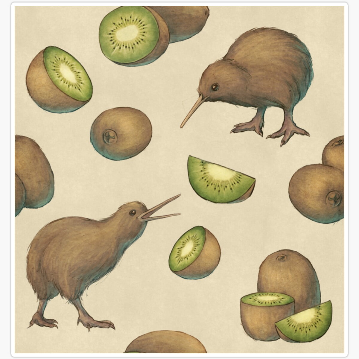 Kira Kiwi Fruit and Kiwi Bird Seamless Pattern (Cream) Sticker ...