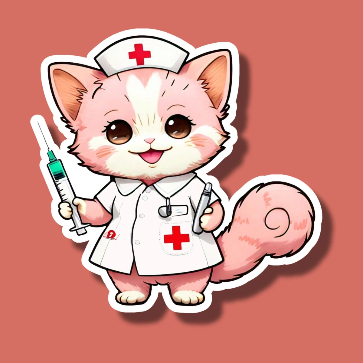 Kira Pink Cat Kitty Nurse with Needle Cute Funny Scrubs Vinyl Sticker ...