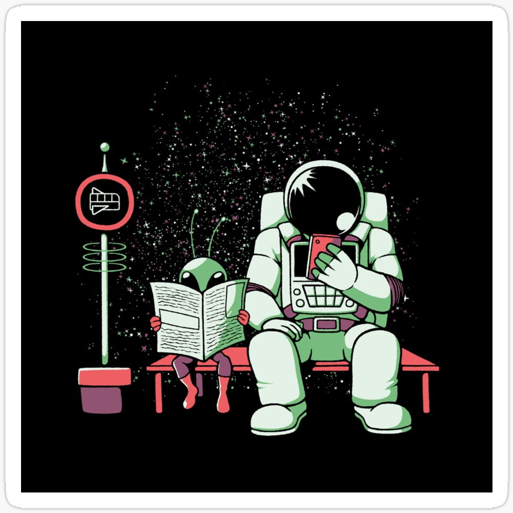 Kira Sticker - Astronaut In A Bustop Funny Alien Reading Newspaper ...