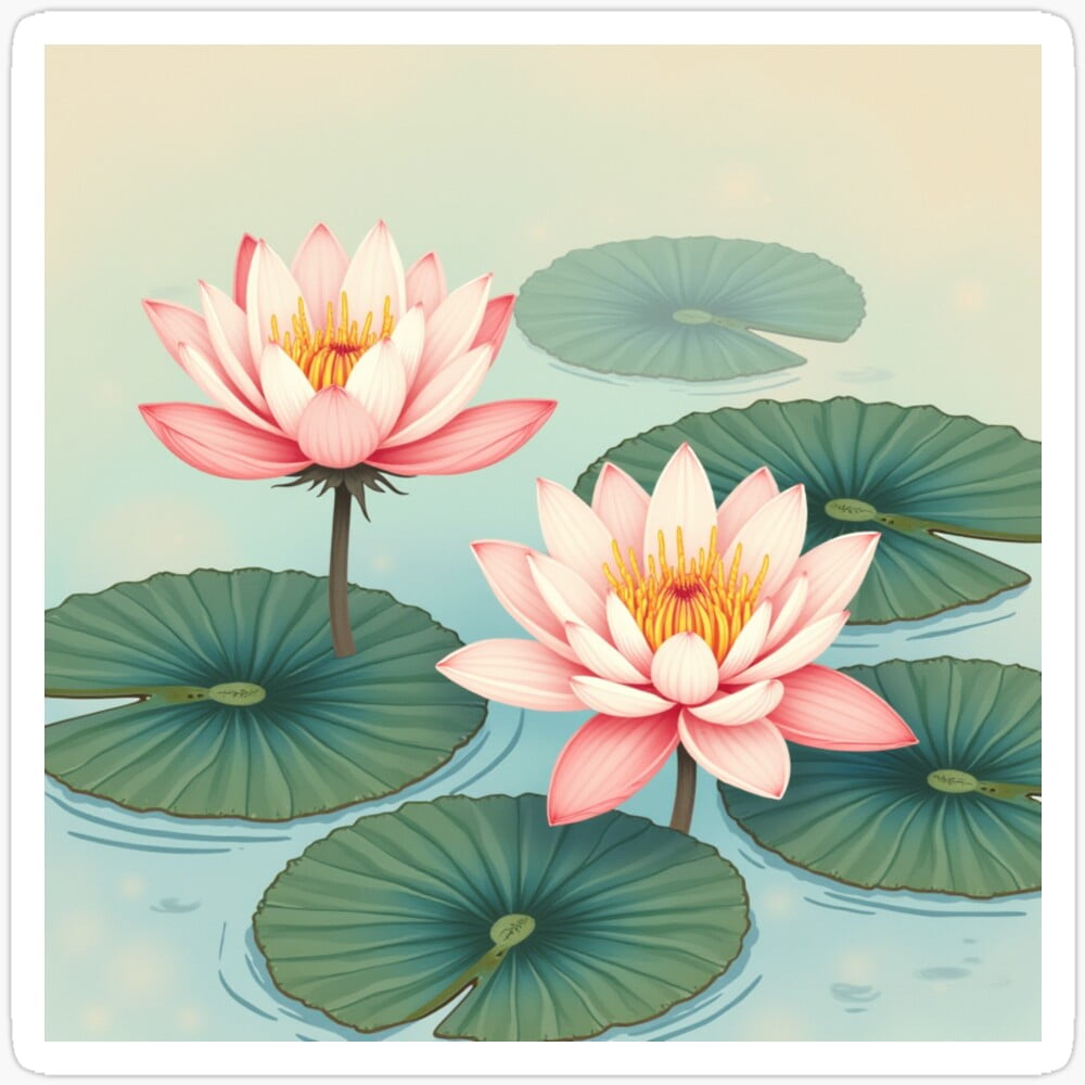 Kira Sticker - Blooming Water Lilies - Japanese Ukiyo-E Art Print Gift ...
