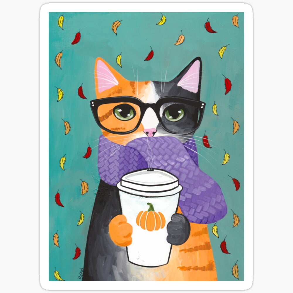 Kira Sticker - Calico Autumn Coffee Cat - Phone Stickers, Waterproof ...