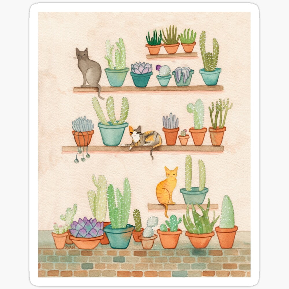Kira Sticker - Cats And Cacti - Phone Stickers, Waterproof Decals Water ...