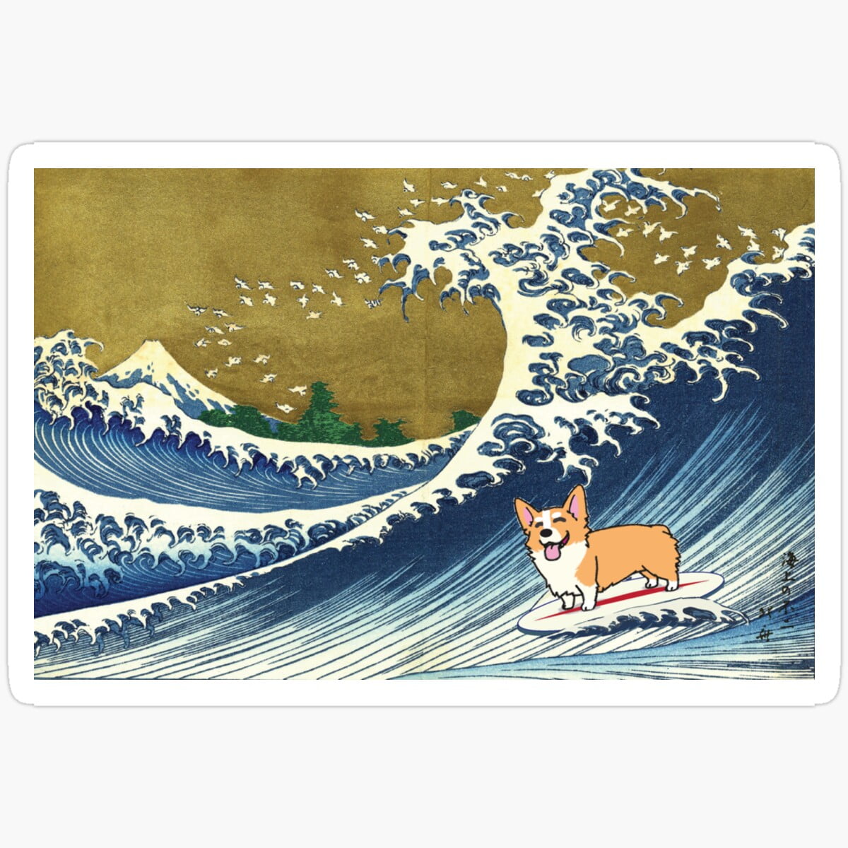 Kira Sticker - Corgi Dog Surfing The Great Wave Sticker, Funny ...