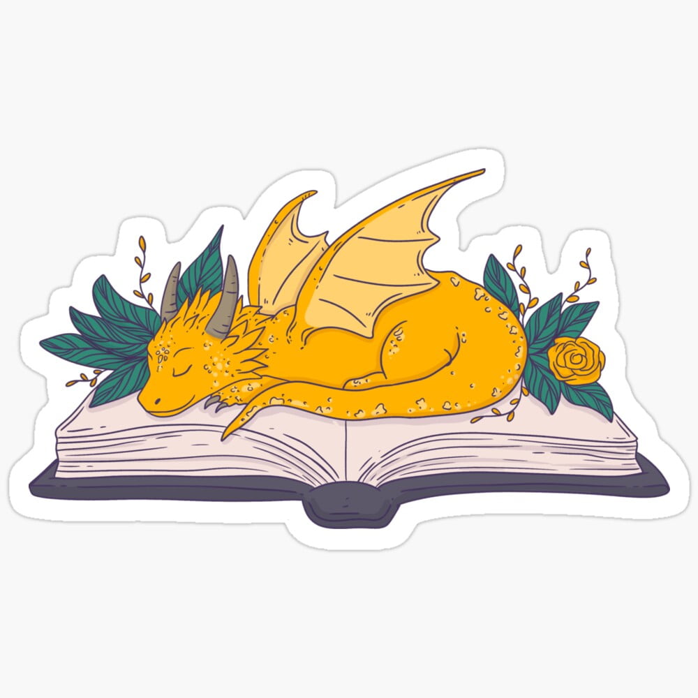 Kira Sticker - Cute Golden Dragon Sleeping On A Book - Cozy Fantasy ...