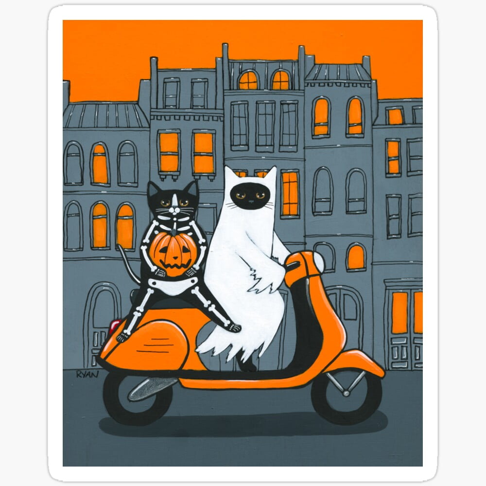 Kira Sticker - Ghost And Skellie Cat Halloween Ride - Phone Stickers, Waterproof Decals Water ...
