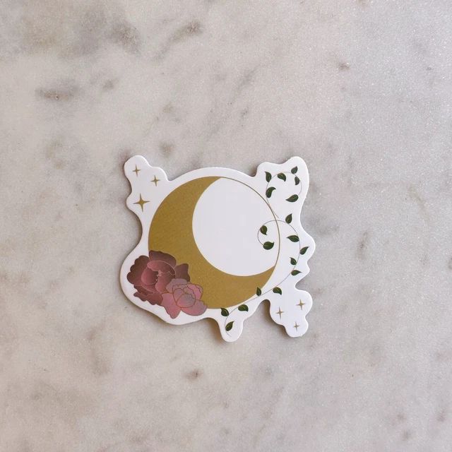 Kira Sticker With Gold Crescent Moon With Flowers And Leaves Water ...